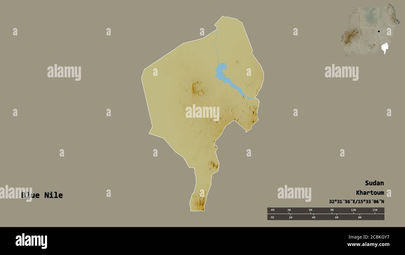 Shape of Blue Nile, state of Sudan, with its capital isolated on solid ...