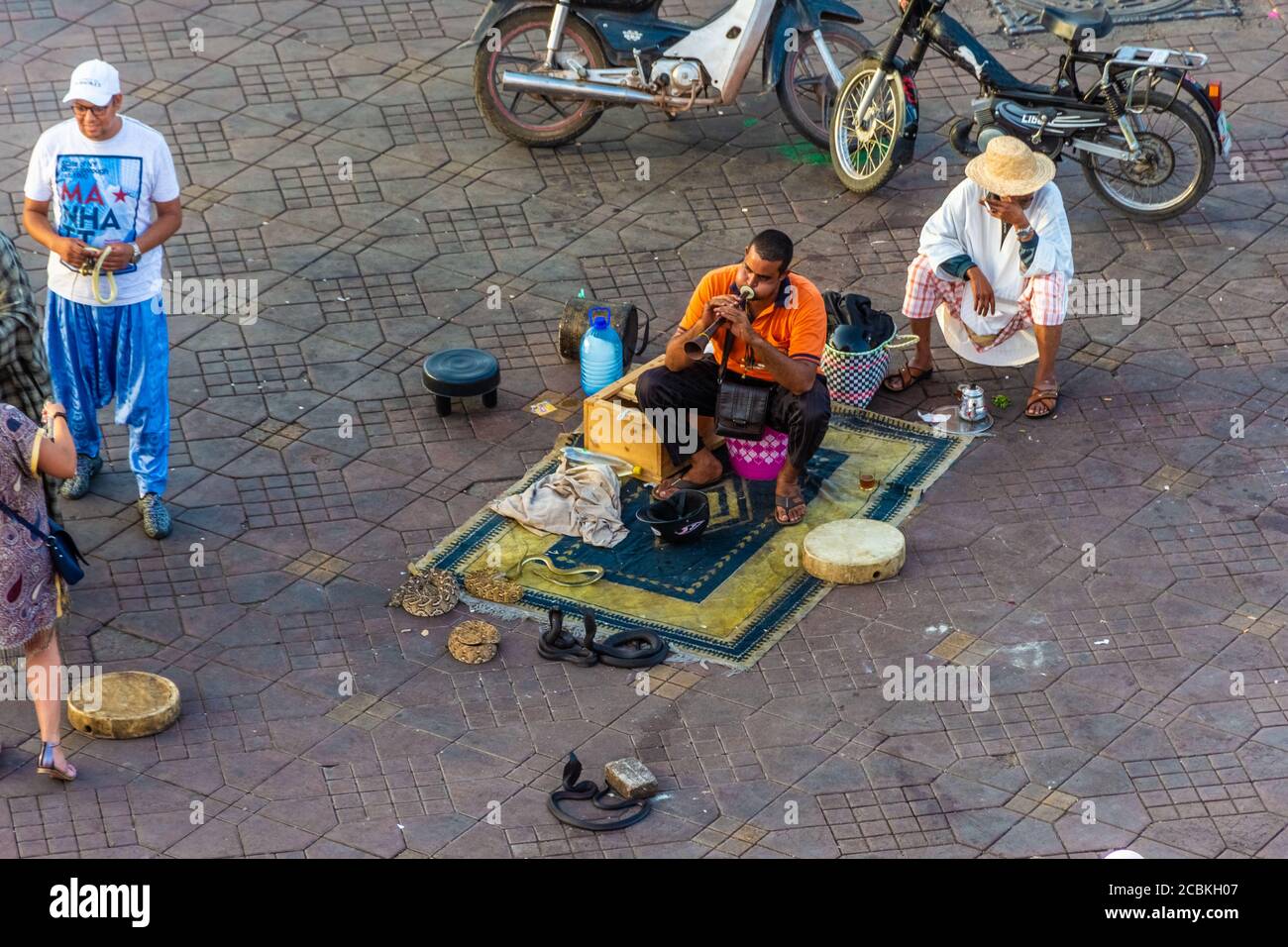 MARRAKECH, MOROCCO, SEPTEMBER 3 2018: Snakes charmers in Djemaa El Fna ...