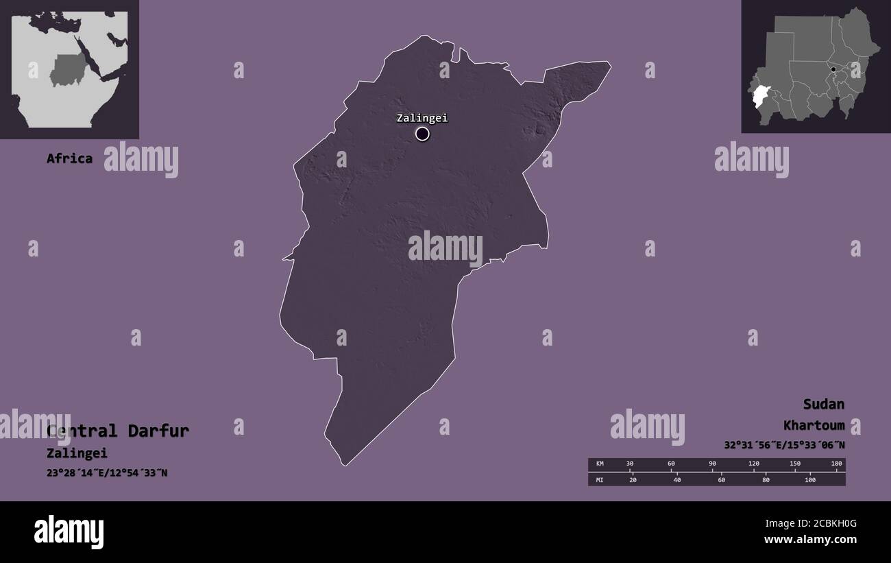 Shape of Central Darfur, state of Sudan, and its capital. Distance ...
