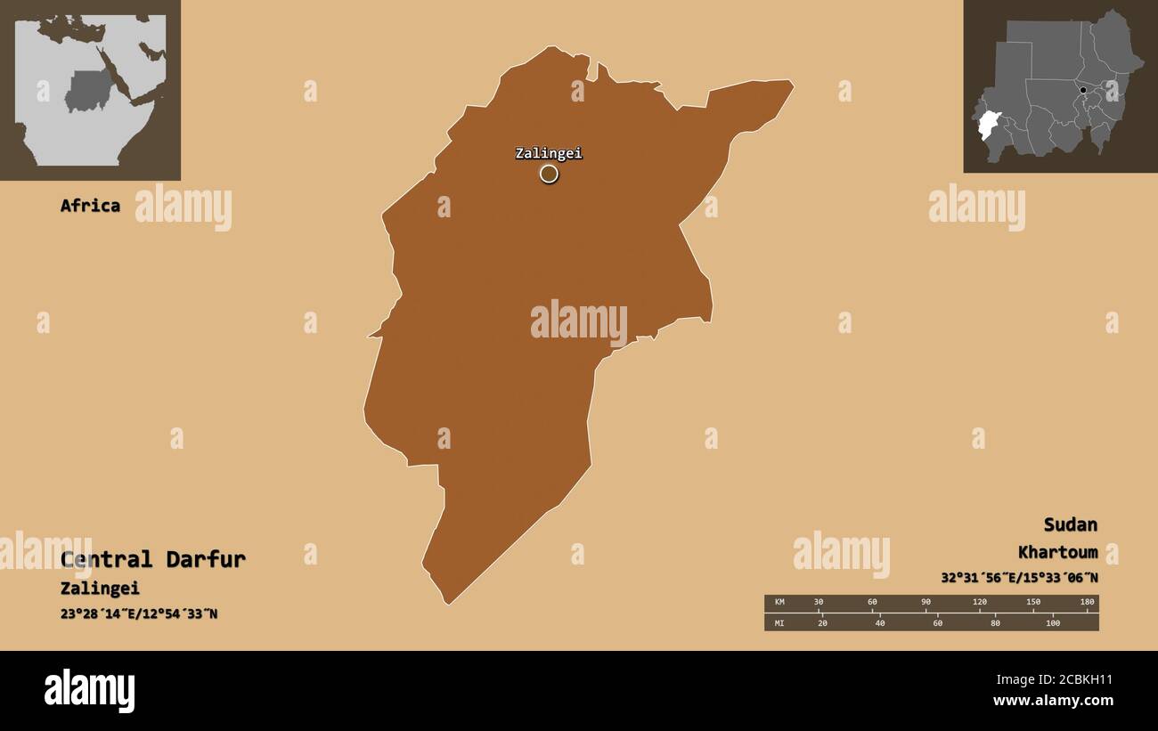 Shape of Central Darfur, state of Sudan, and its capital. Distance ...