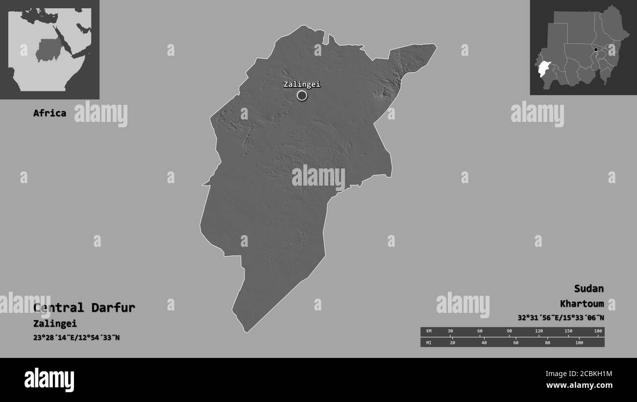 Shape of Central Darfur, state of Sudan, and its capital. Distance ...
