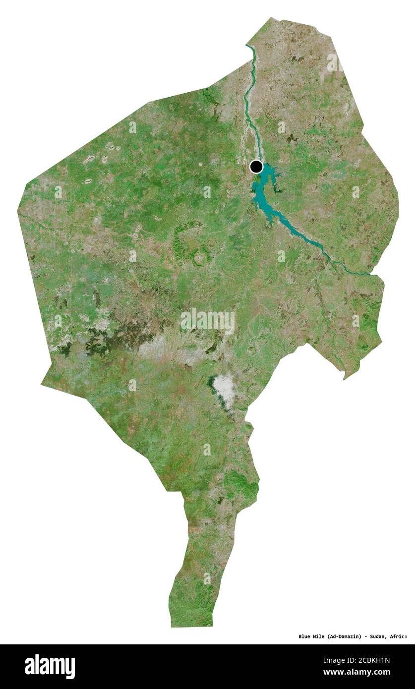 Shape of Blue Nile, state of Sudan, with its capital isolated on white ...