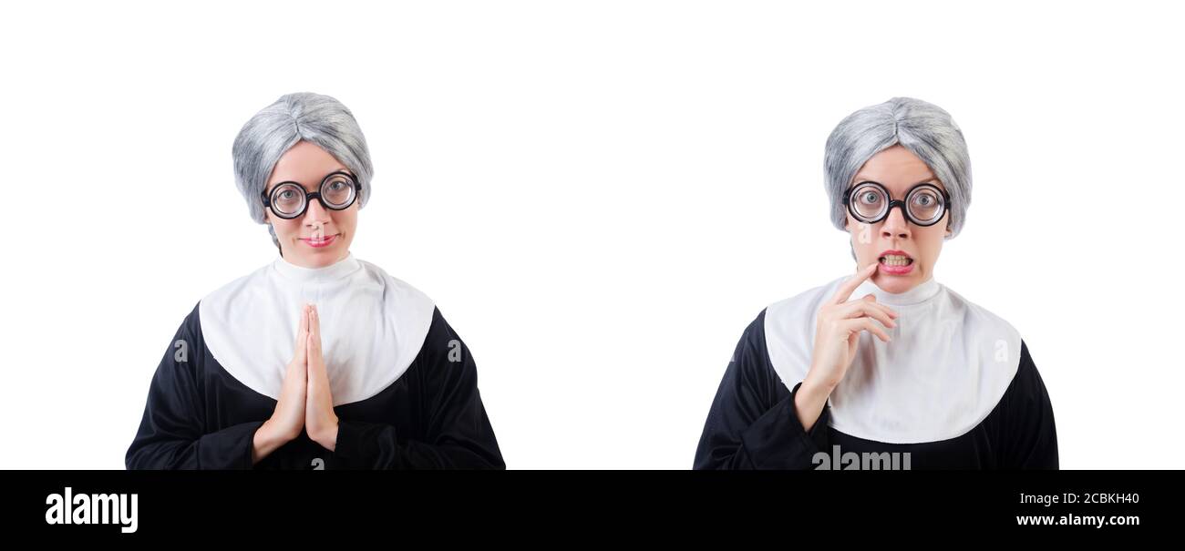The comic nun isolated on white Stock Photo - Alamy