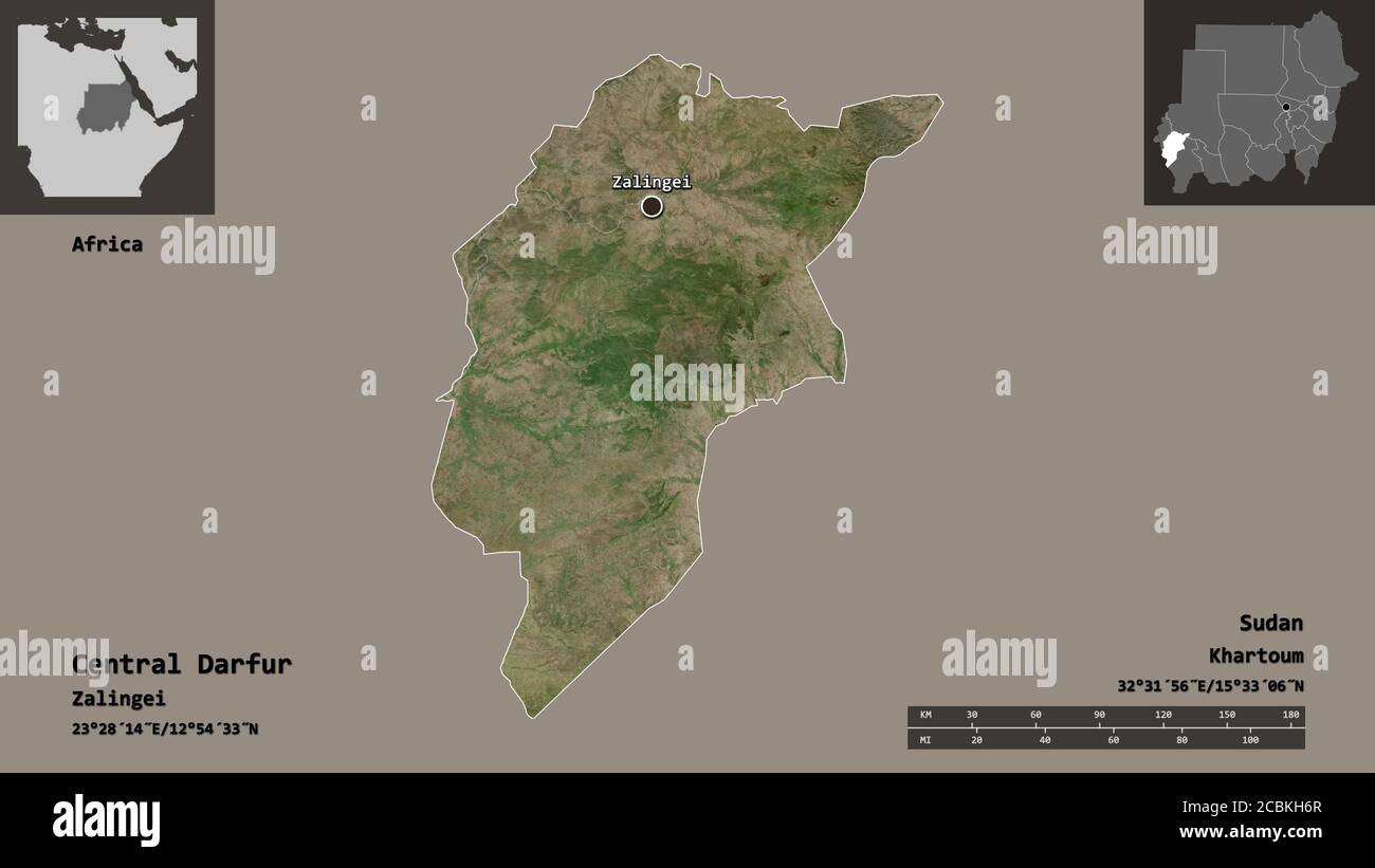 Shape of Central Darfur, state of Sudan, and its capital. Distance ...