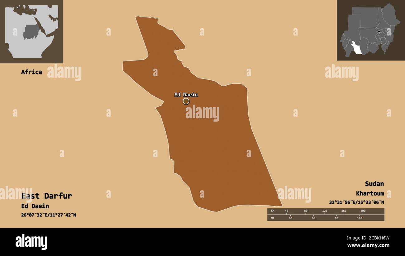 Shape of East Darfur, state of Sudan, and its capital. Distance scale ...