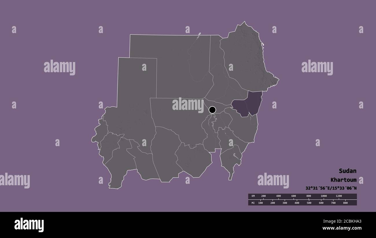 Desaturated shape of Sudan with its capital, main regional division and ...