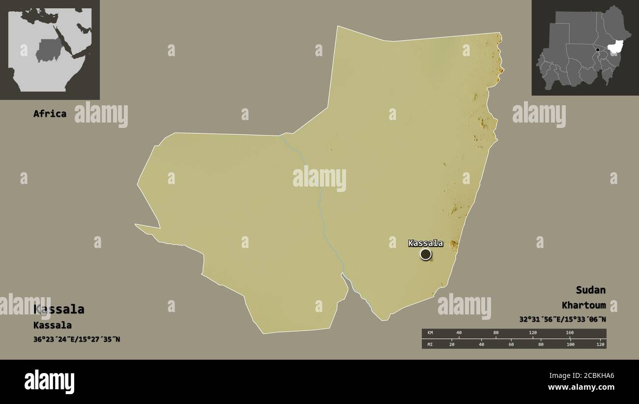 Shape of Kassala, state of Sudan, and its capital. Distance scale ...