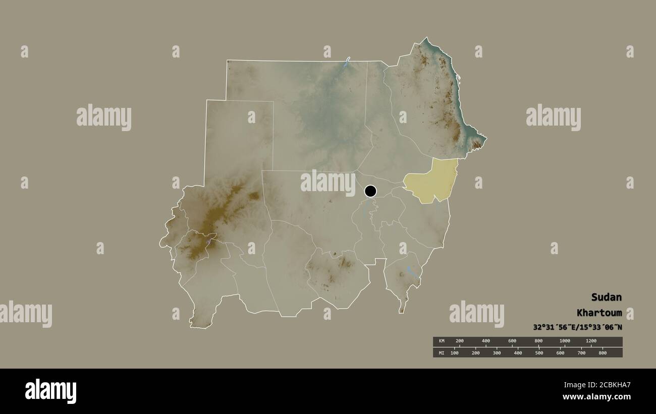 Desaturated shape of Sudan with its capital, main regional division and ...