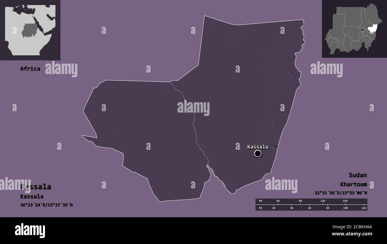 Shape of Kassala, state of Sudan, and its capital. Distance scale ...
