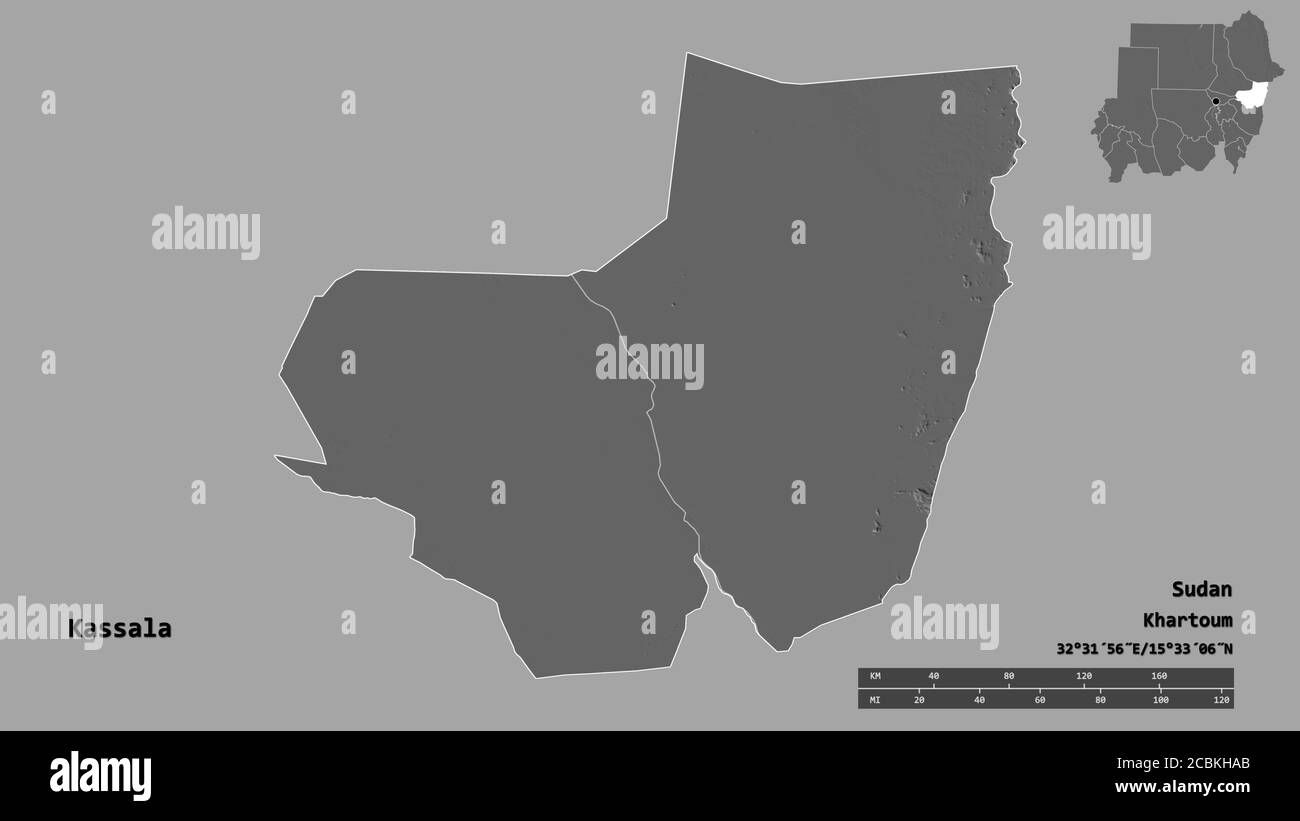 Shape of Kassala, state of Sudan, with its capital isolated on solid ...