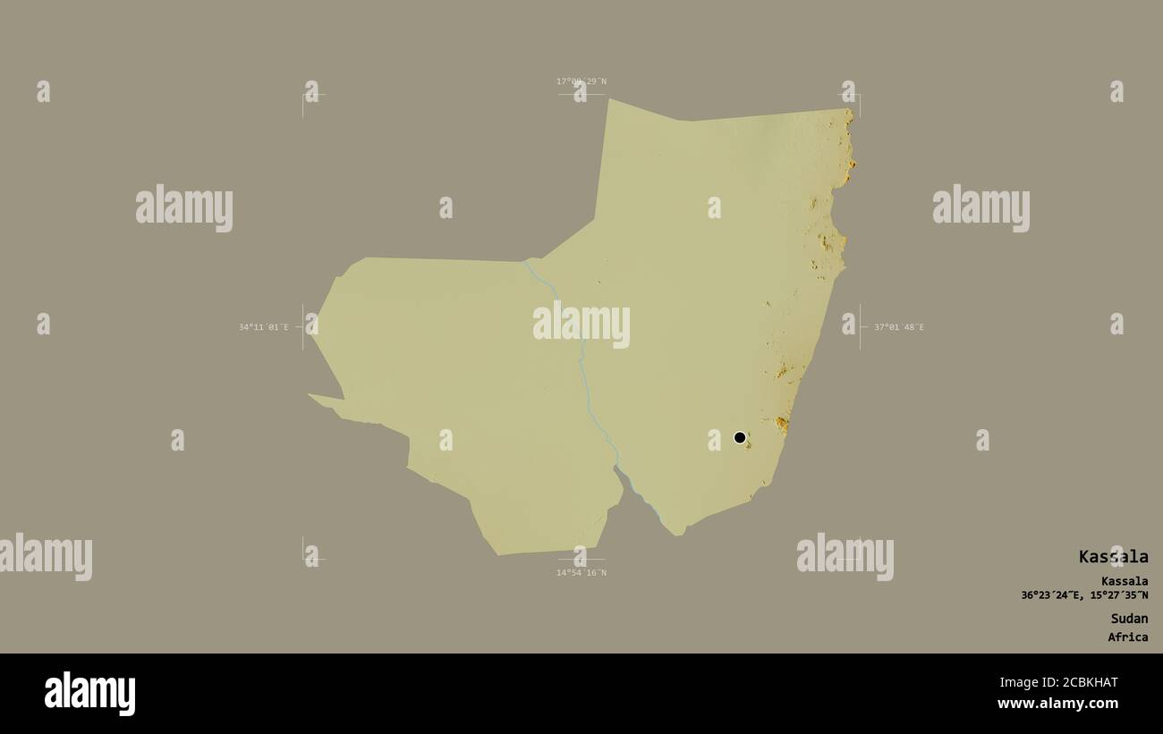 Area of Kassala, state of Sudan, isolated on a solid background in a ...