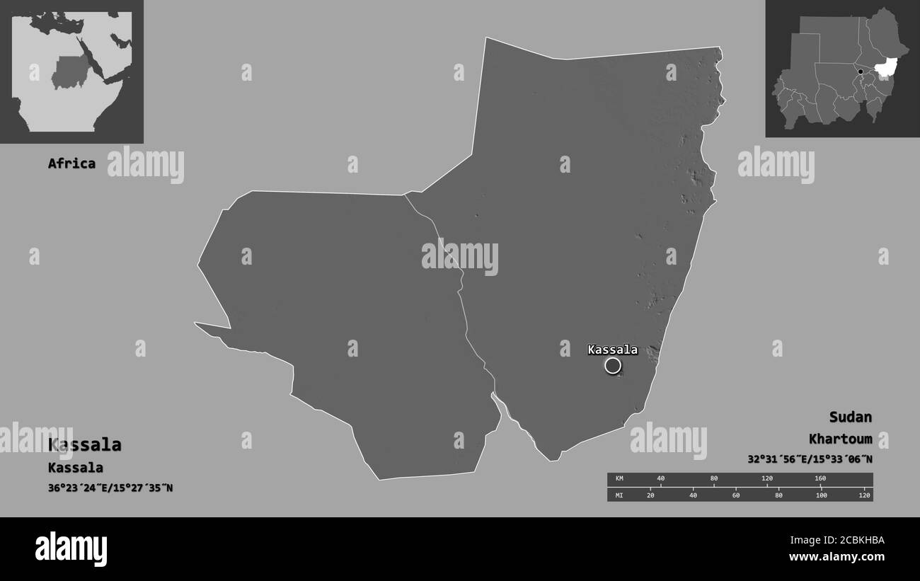 Shape of Kassala, state of Sudan, and its capital. Distance scale ...