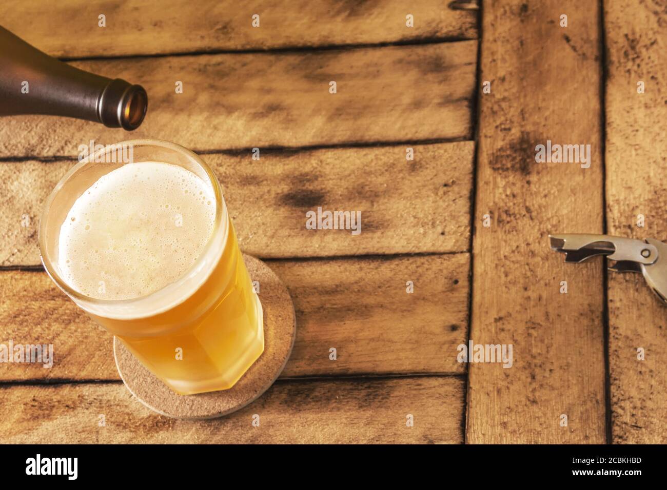Top view Beer glass, bottle beer on a wooden background, selective ...
