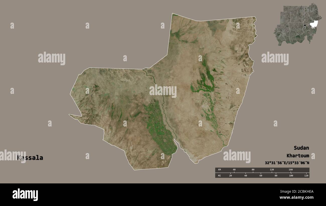 Shape of Kassala, state of Sudan, with its capital isolated on solid ...