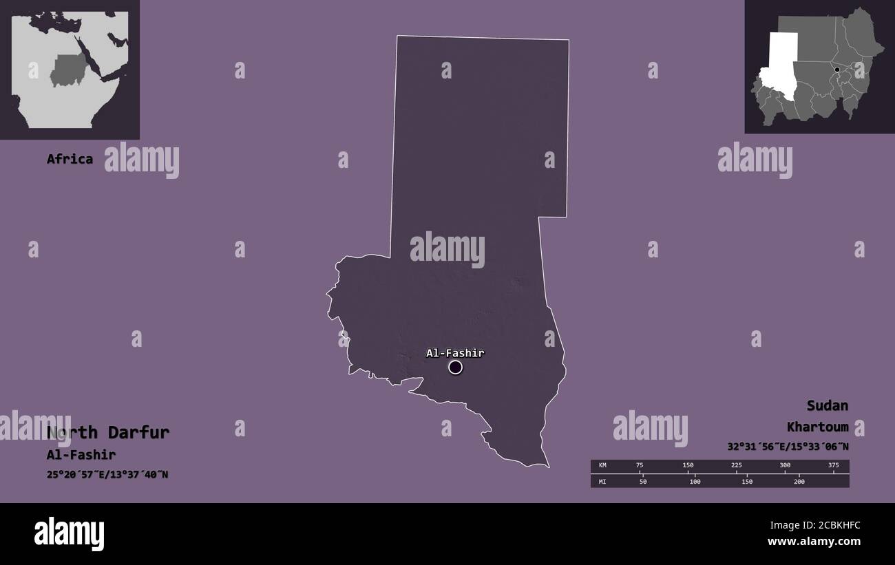 Shape of North Darfur, state of Sudan, and its capital. Distance scale ...