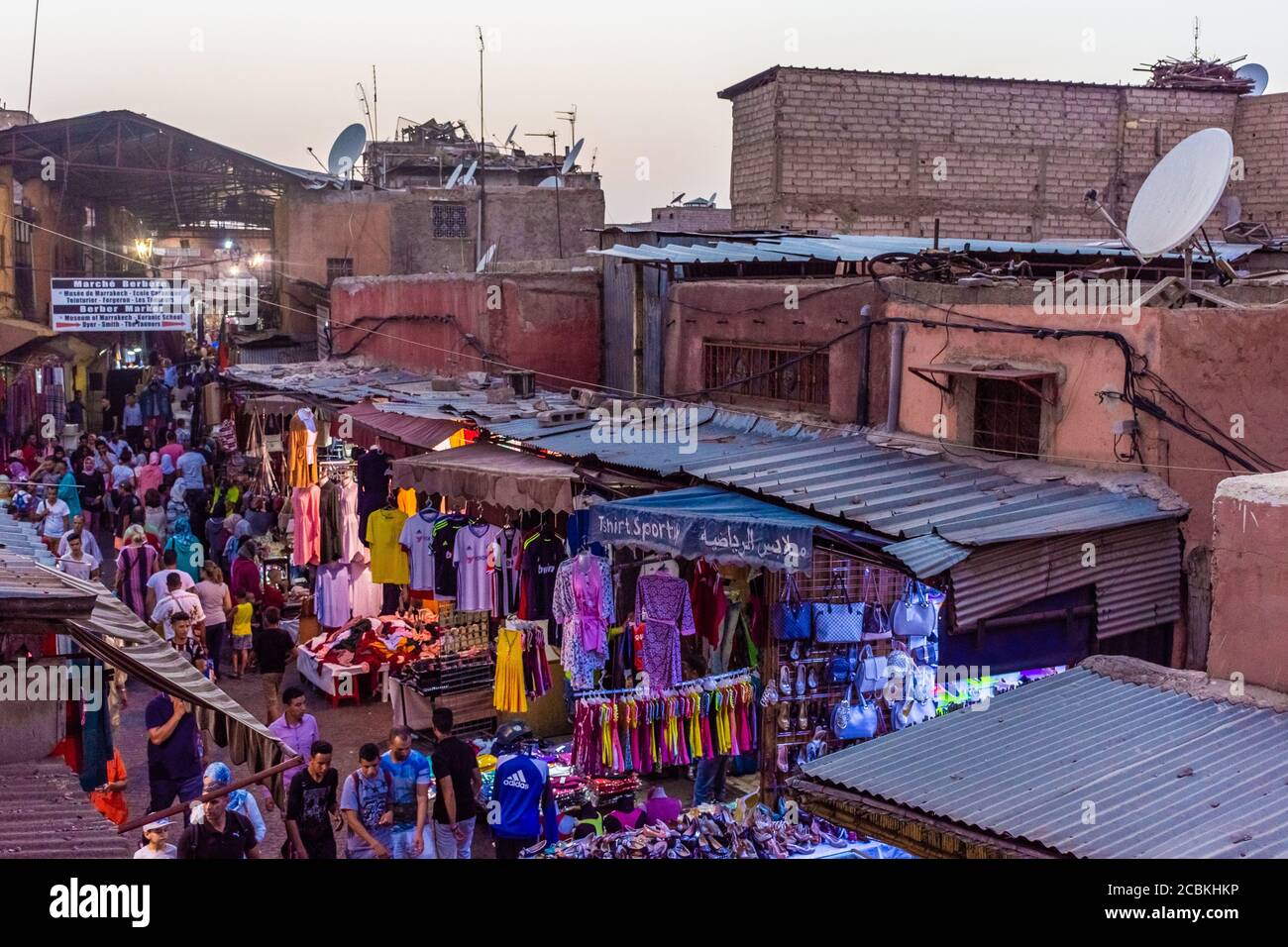 MARRAKECH, MOROCCO, 31 AUGUST 2018: view from above of a crowded market ...