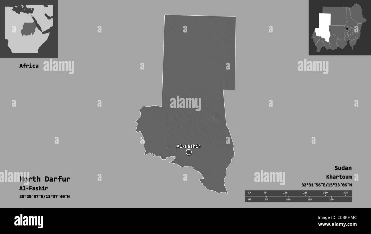 Shape of North Darfur, state of Sudan, and its capital. Distance scale ...