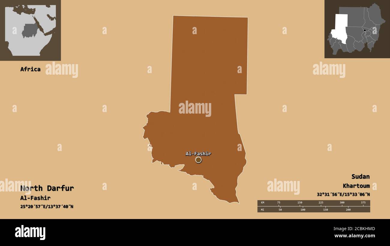 Shape of North Darfur, state of Sudan, and its capital. Distance scale ...