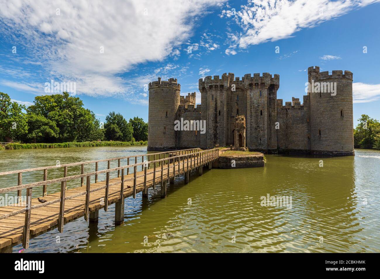 Medieval Bodiam Castle and bridge entrance over the defensive moat in ...