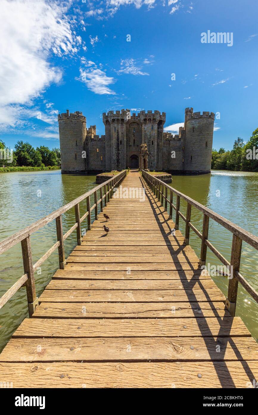 Medieval Bodiam Castle and bridge entrance over the defensive moat in ...
