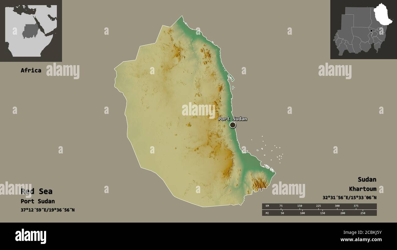 Shape of Red Sea, state of Sudan, and its capital. Distance scale ...