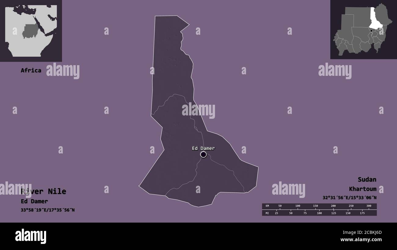 Shape of River Nile, state of Sudan, and its capital. Distance scale ...