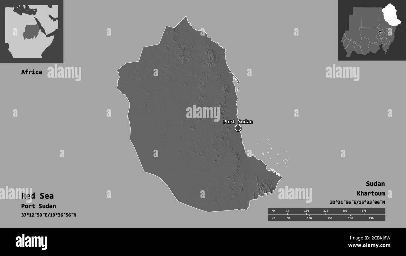 Shape of Red Sea, state of Sudan, and its capital. Distance scale ...