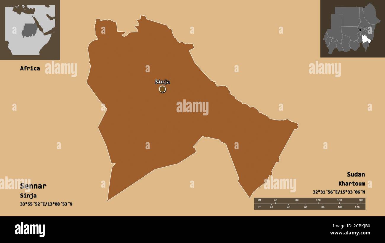 Shape of Sennar, state of Sudan, and its capital. Distance scale ...
