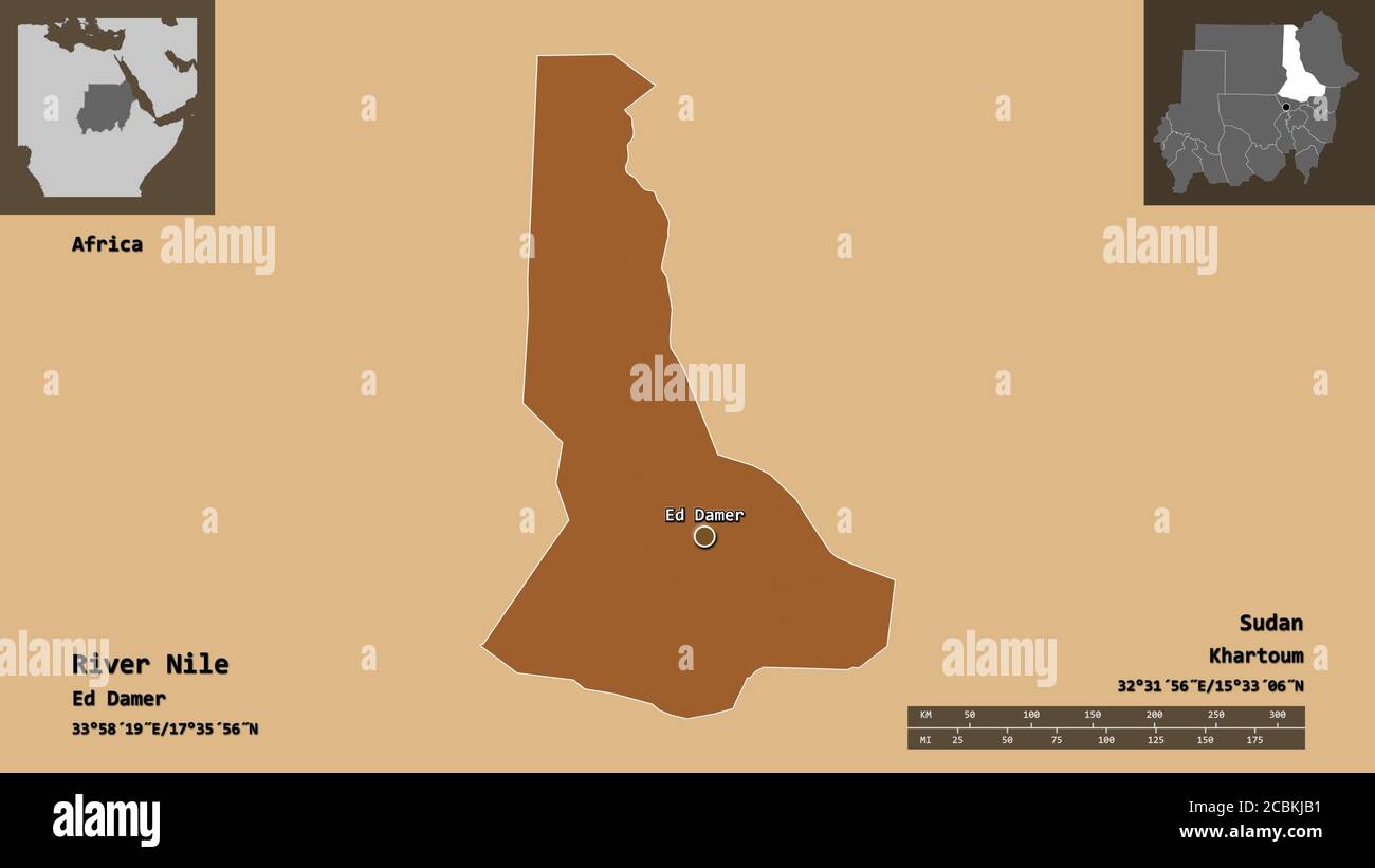 Shape of River Nile, state of Sudan, and its capital. Distance scale ...