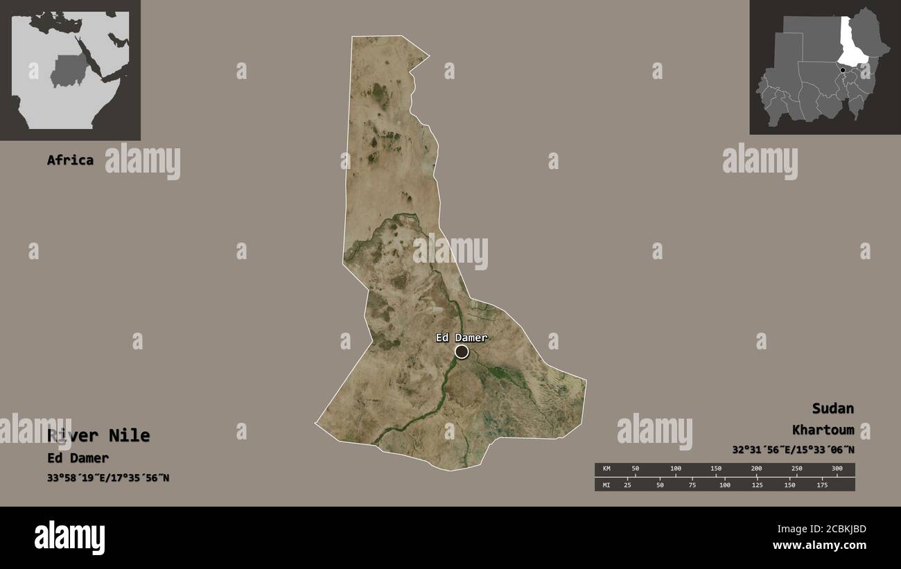 Shape of River Nile, state of Sudan, and its capital. Distance scale ...
