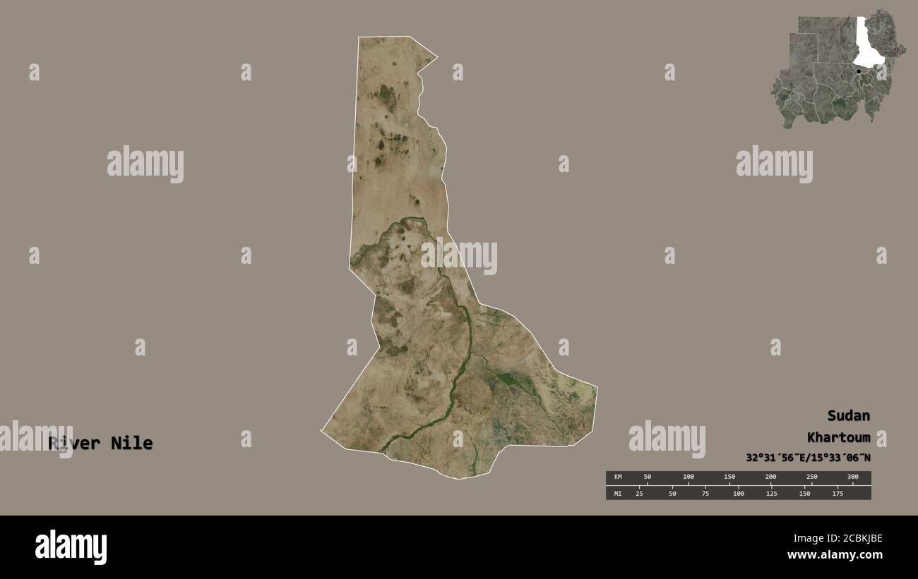 Shape of River Nile, state of Sudan, with its capital isolated on solid ...