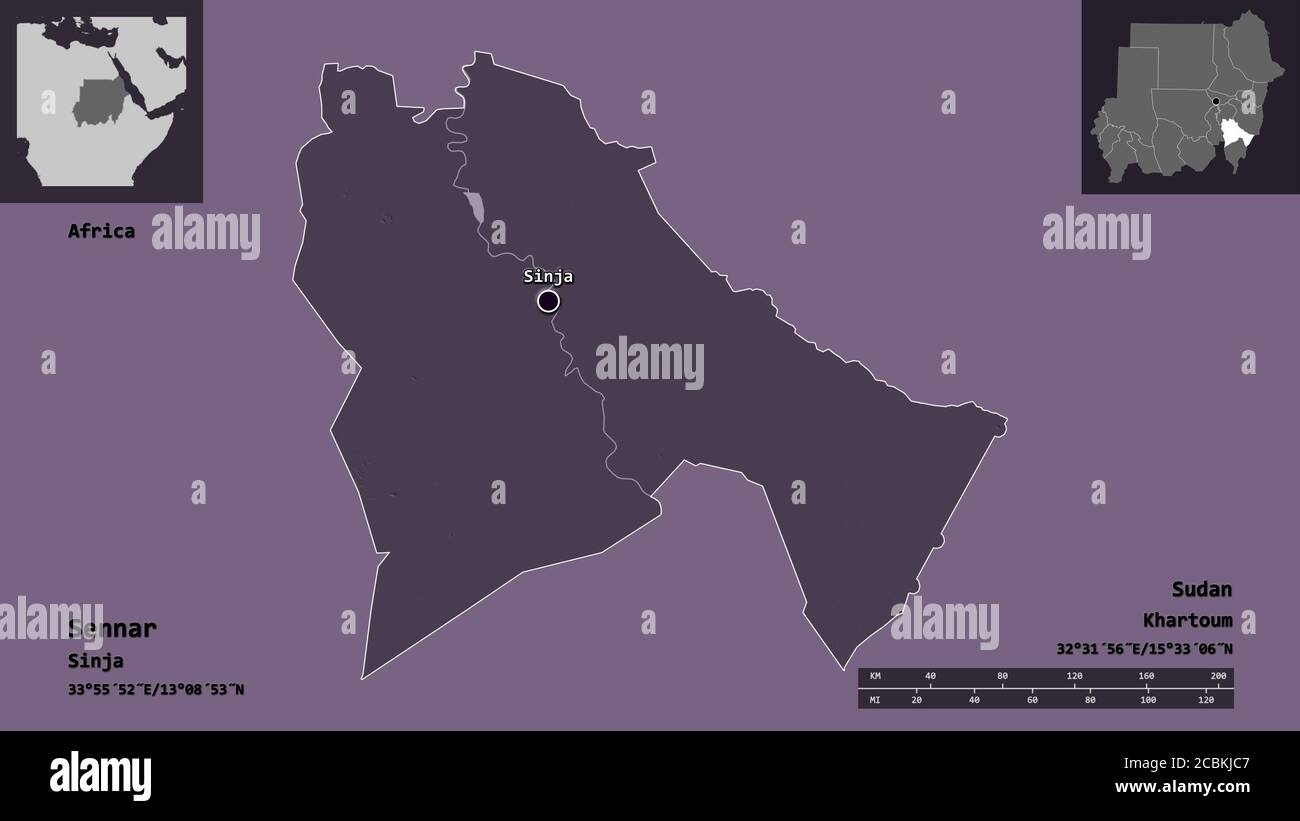Shape of Sennar, state of Sudan, and its capital. Distance scale ...
