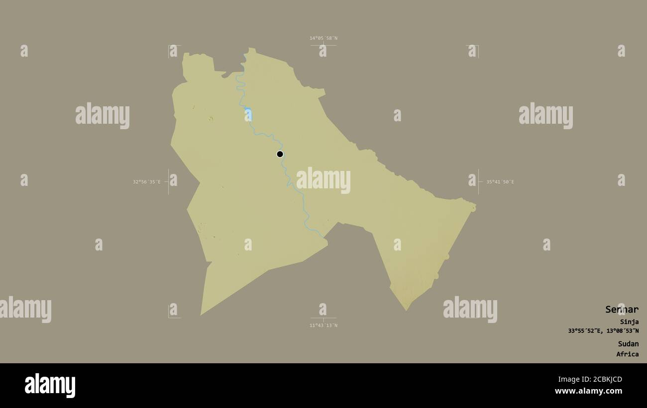 Area of Sennar, state of Sudan, isolated on a solid background in a ...