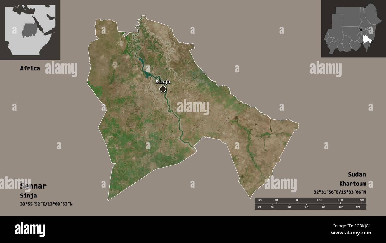 Shape of Sennar, state of Sudan, and its capital. Distance scale ...