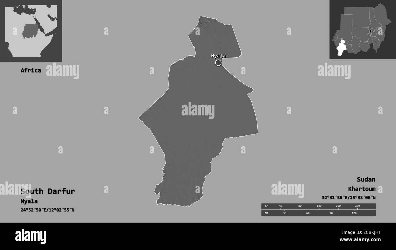 Shape of South Darfur, state of Sudan, and its capital. Distance scale ...