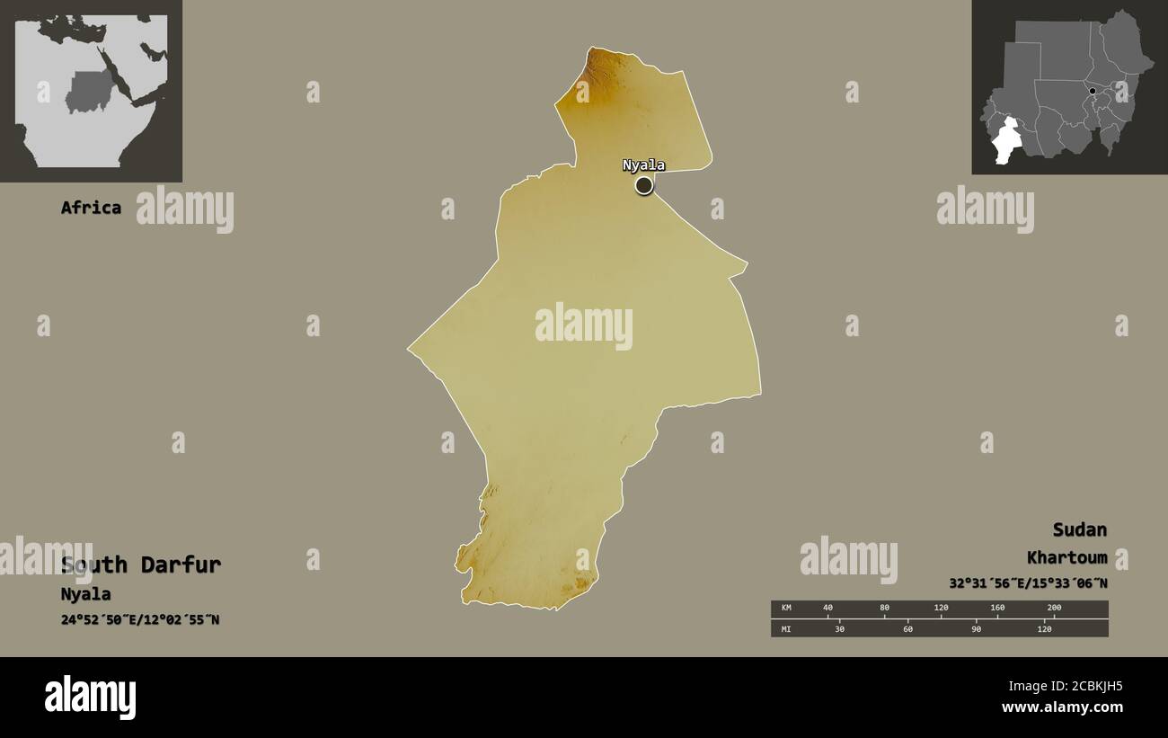 Shape of South Darfur, state of Sudan, and its capital. Distance scale ...