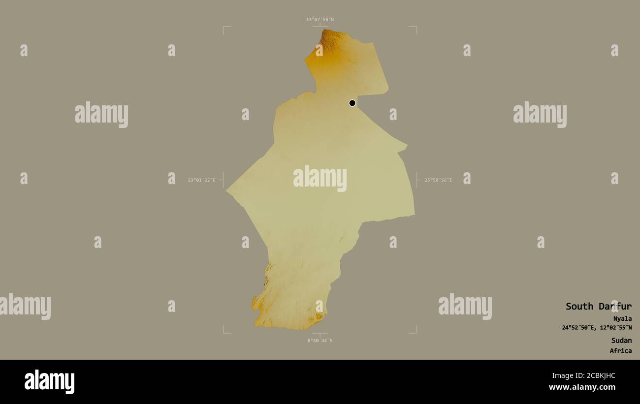 Area of South Darfur, state of Sudan, isolated on a solid background in ...