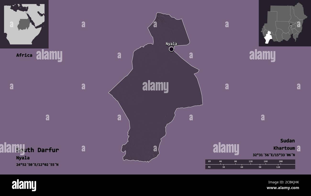 Shape of South Darfur, state of Sudan, and its capital. Distance scale ...