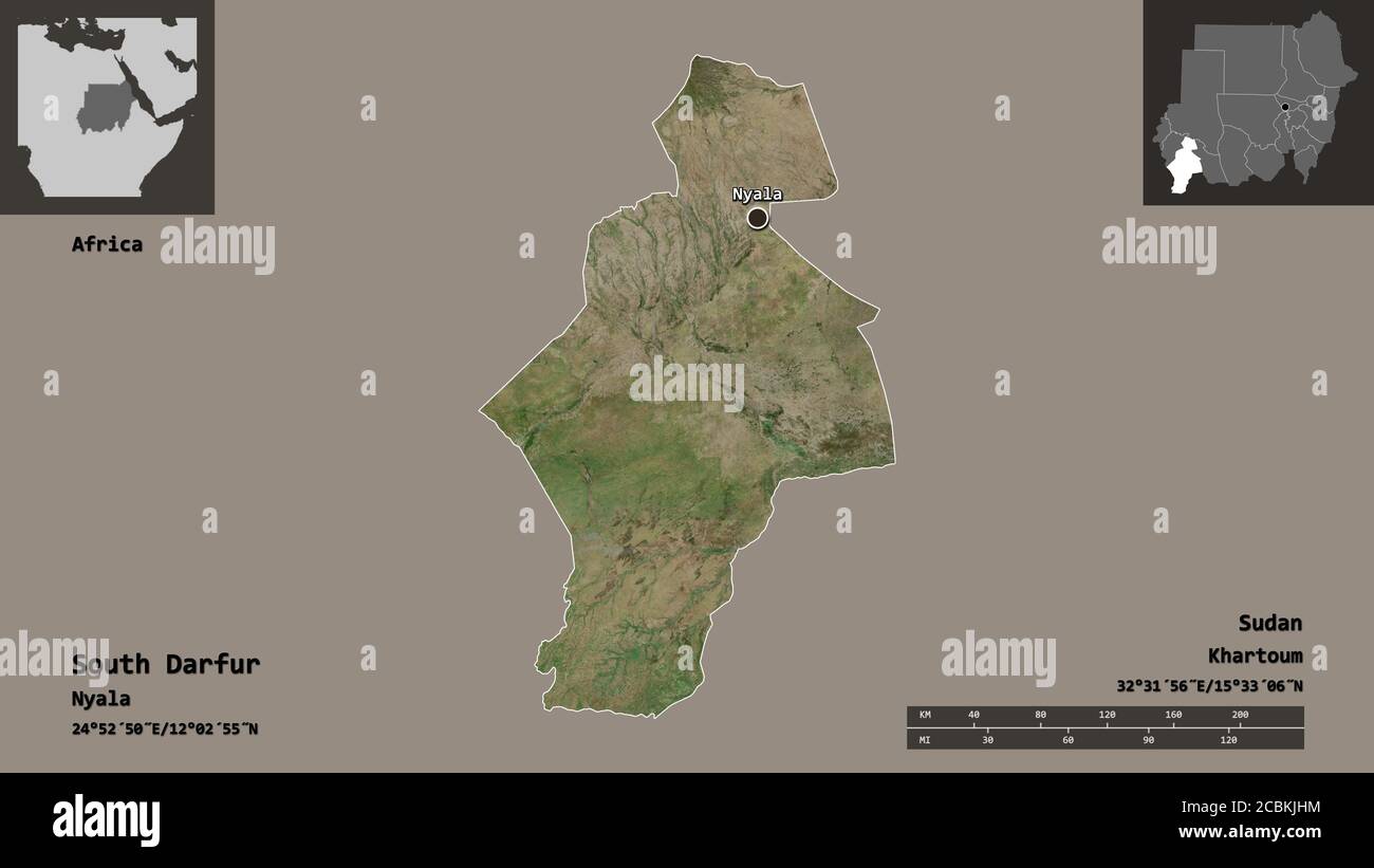Shape of South Darfur, state of Sudan, and its capital. Distance scale ...