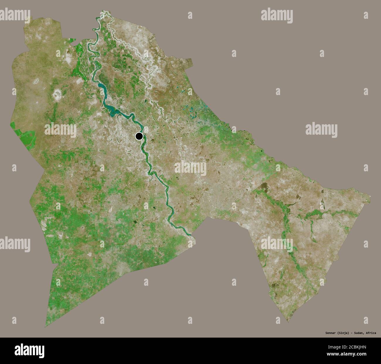Shape of Sennar, state of Sudan, with its capital isolated on a solid ...