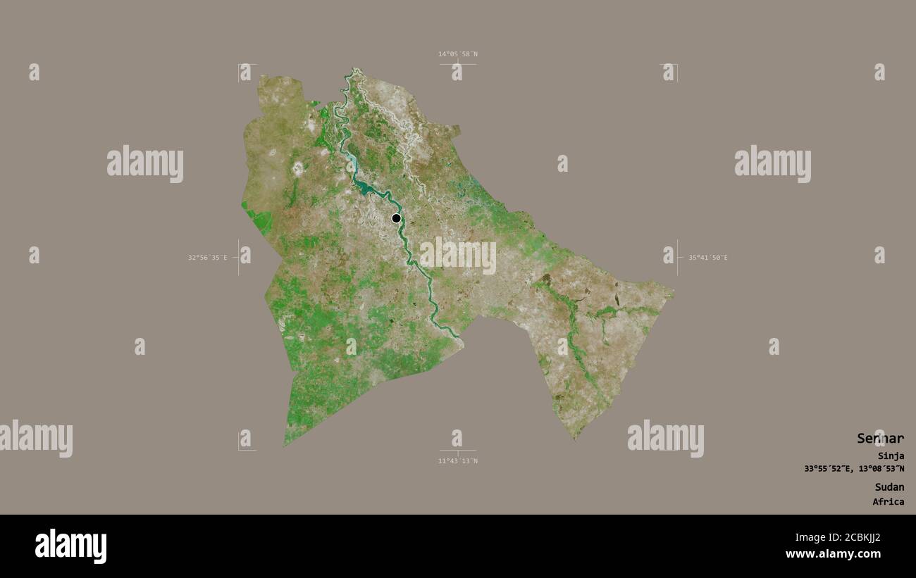 Area of Sennar, state of Sudan, isolated on a solid background in a ...