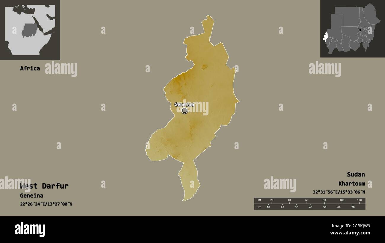 Shape of West Darfur, state of Sudan, and its capital. Distance scale ...