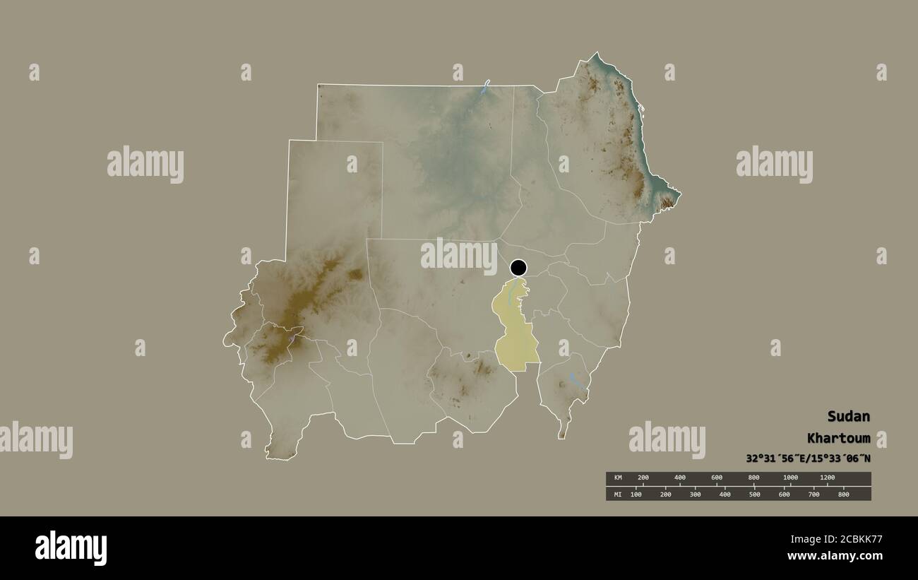 Desaturated shape of Sudan with its capital, main regional division and ...
