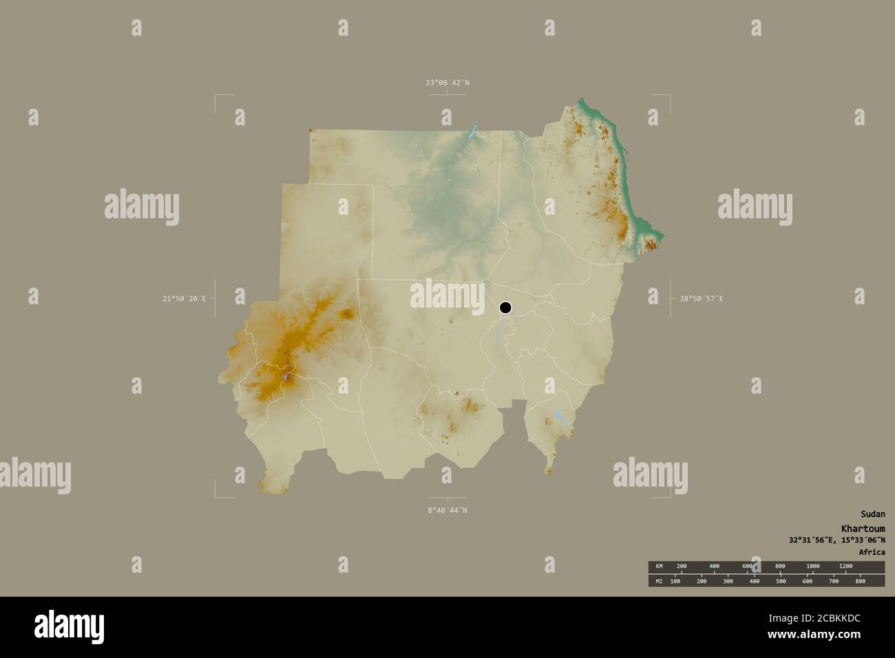 Area of Sudan isolated on a solid background in a georeferenced ...