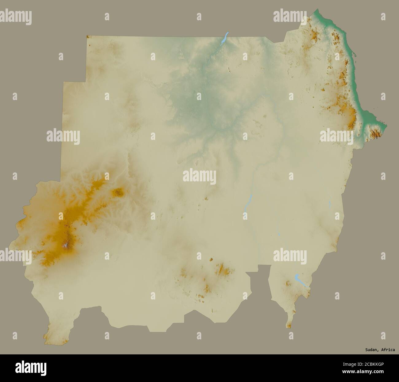 Shape of Sudan with its capital isolated on a solid color background ...