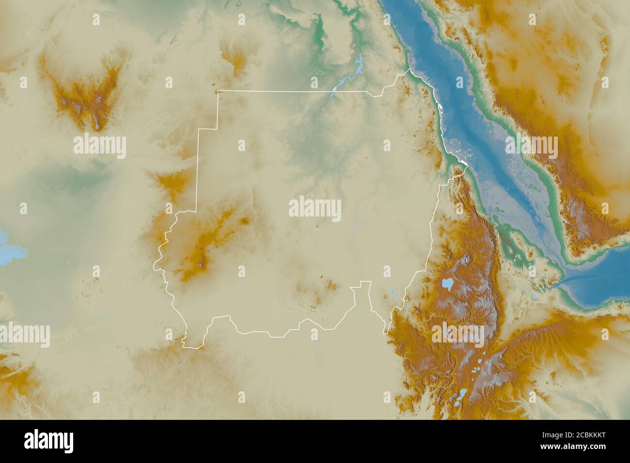 Extended area of outlined Sudan. Topographic relief map. 3D rendering Stock Photo - Alamy