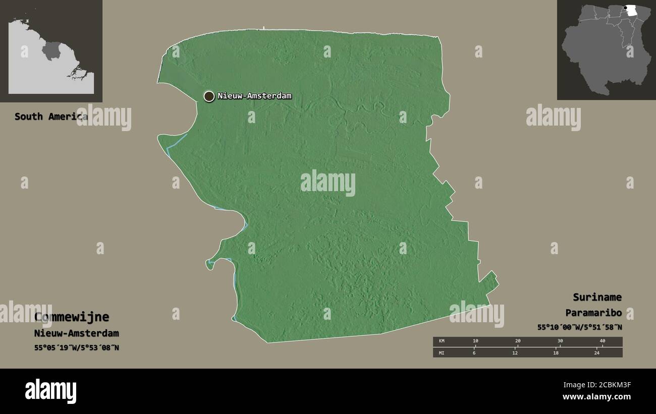 Shape of Commewijne, district of Suriname, and its capital. Distance ...