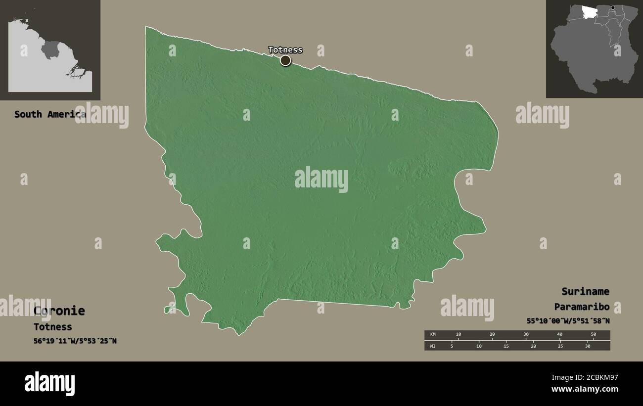 Shape of Coronie, district of Suriname, and its capital. Distance scale ...
