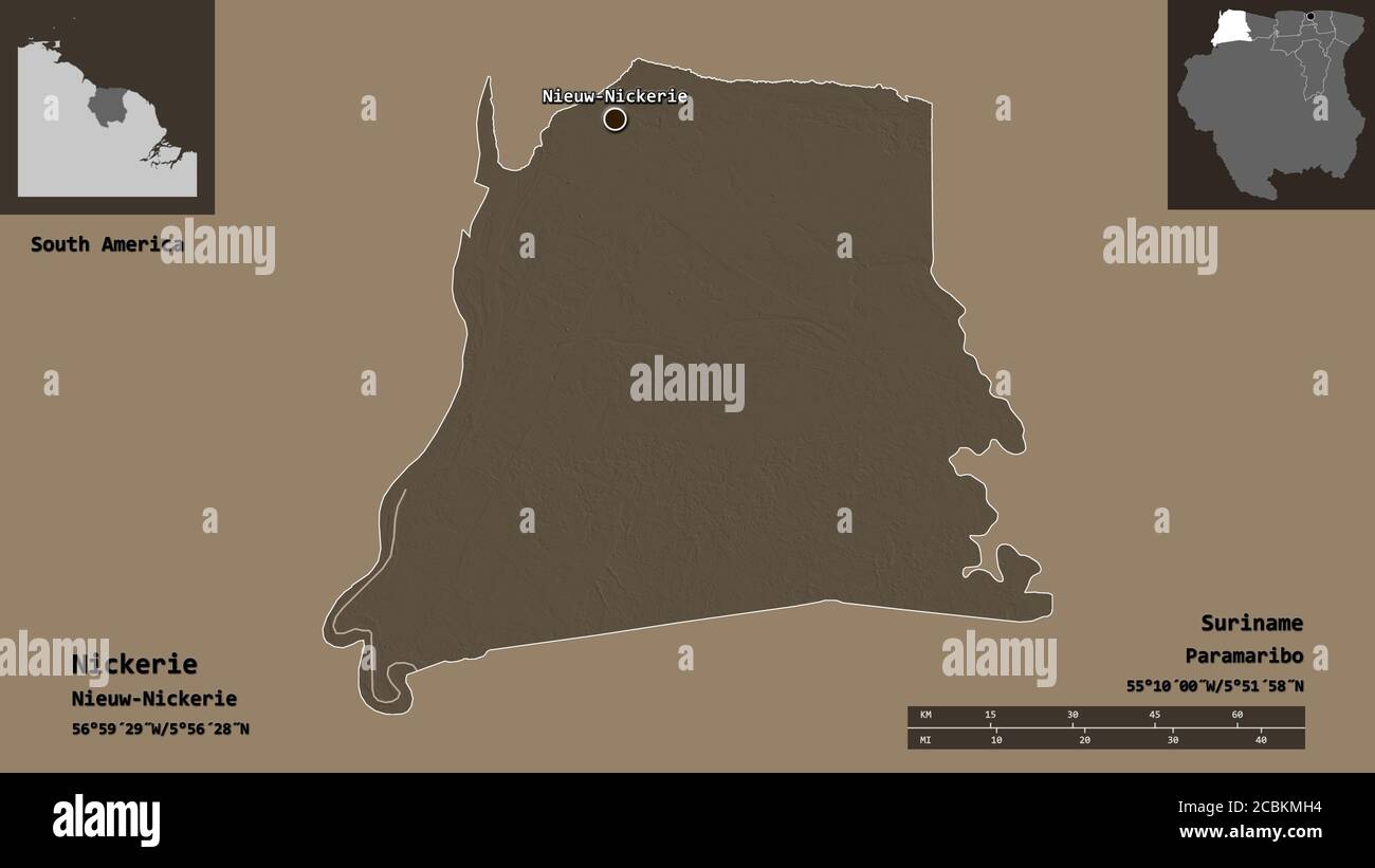 Shape of Nickerie, district of Suriname, and its capital. Distance ...