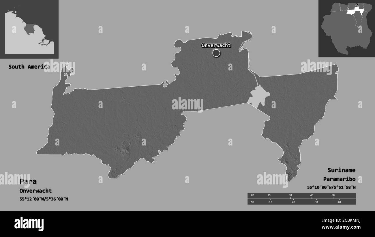 Shape of Para, district of Suriname, and its capital. Distance scale ...